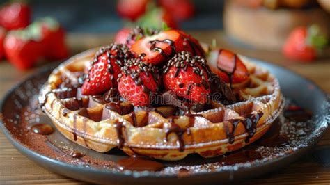 Waffle Topped With Chocolate And Strawberries On Plate Stock Image
