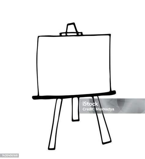 간단한 손으로 그린 검은 윤곽선 벡터 일러스트레이션 빈 캔버스가있는 이젤 예술 용품 깨끗한 시트 프레임 잉크로 스케치하십시오