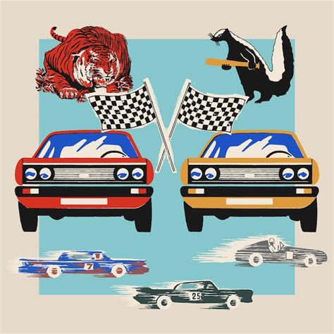 Vehículos De Carreras De Coches De Calle Mascotas Tigre Tejón Retro Ilustración Vintage