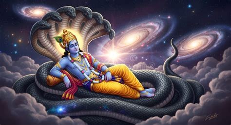 Illustration Of Lord Vishnu Resting On Sheshnag In Cosmic Universe