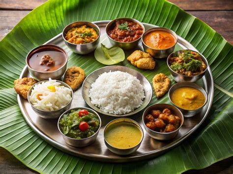 Traditional South Indian Thali Served On A Banana Leaf With Rice And