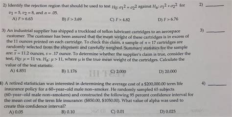 Solved 2 Identify The Rejection Region That Should Be Used
