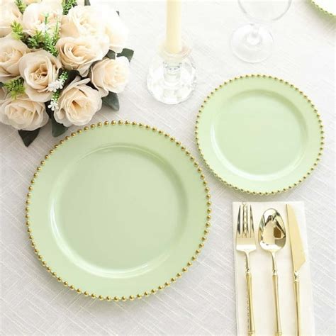 Efavormart 10 Pack Sage Green Plastic Dinner Plates With Gold Beaded Rim Round Disposable Party