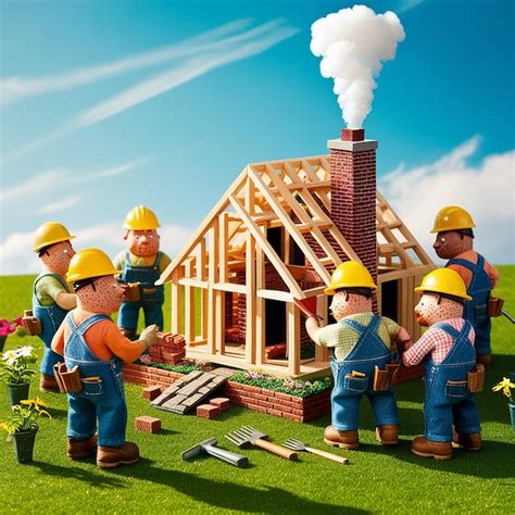 Tiny Construction Labor Workers Building A House Premium Ai Generated