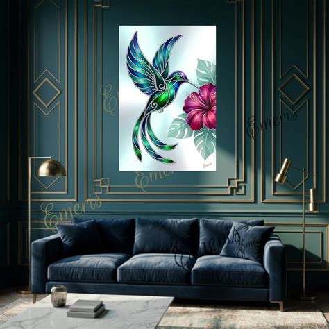 Art Deco Hummingbird Wall Art Jewel Tone Tropical Metal Print On