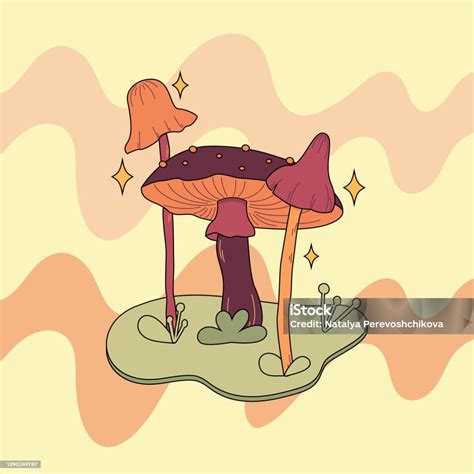 다양한 마법의 환각 성 버섯 판타지 귀여운 요소 풀밭에 복고풍 만화 버섯 추상적인 현대적인 디자인 히피 스타일 격리된 배경에
