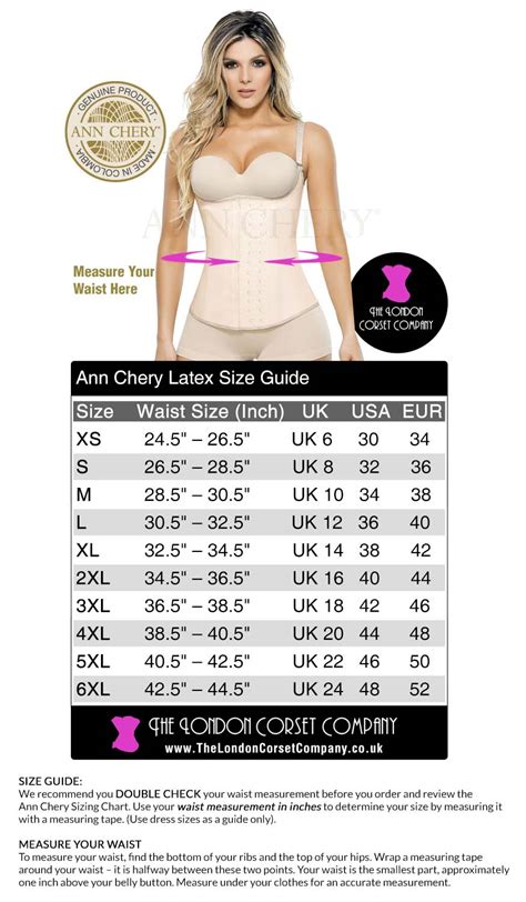The London Corset Company Ann Chery Waist Trainer Size Chart