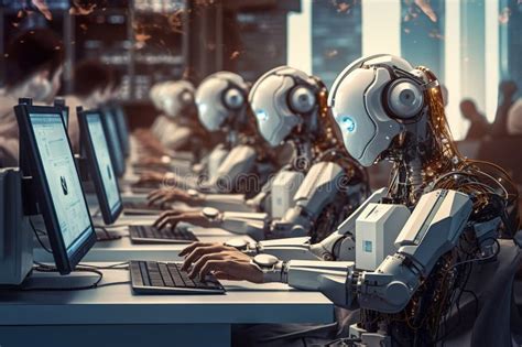 Ai Robots Using Multiple Computers Working Monitoring Data In Office