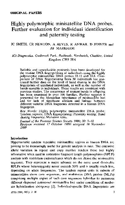 Pdf Highly Polymorphic Minisatellite Dna Probes Further Evaluation For Individual