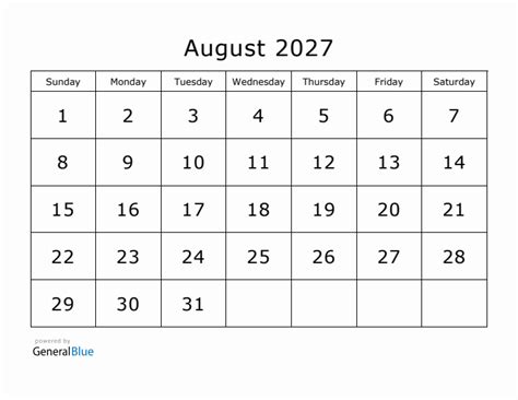 Printable August 2027 Calendar