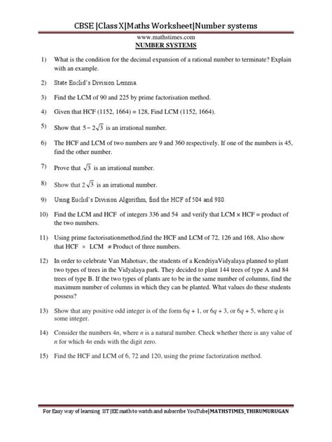 Cbse Class X Maths Worksheet Number Systems Pdf Numbers