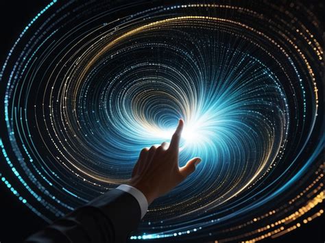 Premium Photo Hand Touching A Spinning Vortex Of Data And Light