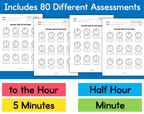 Telling Time Worksheets Assessments Test Hour Half Hour 5 Minutes