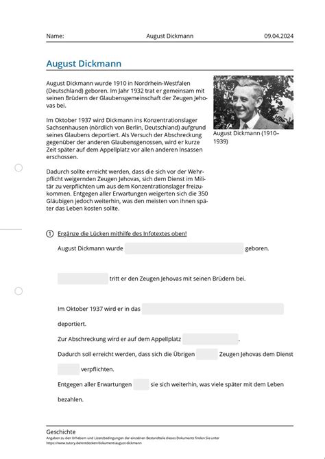 Arbeitsblatt August Dickmann Geschichte Tutoryde