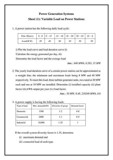 Solution Sheet 1 Variable Load On Power Stations With Solutions