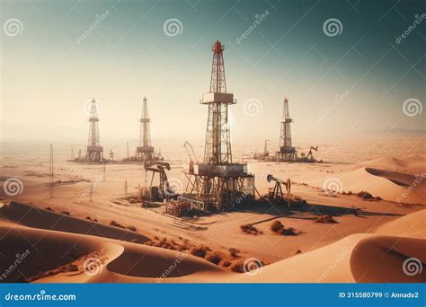 Oil Rigs In Desert Landscape Under Clear Blue Sky Royalty Free Stock