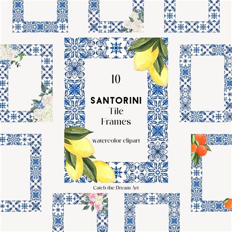 Santorini Blue Tile Frames Watercolor Clipart Azulejo Mosaic Tiles