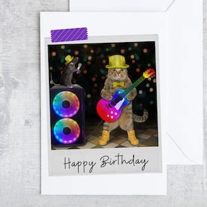 Guitarist Cat Birthday Greeting Card Funny Cat Birthday Card Etsy