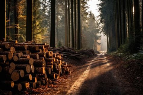 Premium Ai Image Log Trunks Pile The Logging Timber Wood Industry Cut Trees Along A Road