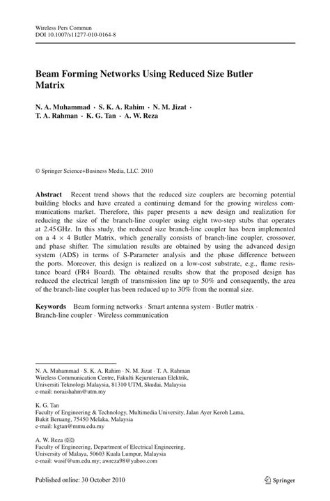 Pdf Beam Forming Networks Using Reduced Size Butler Matrix