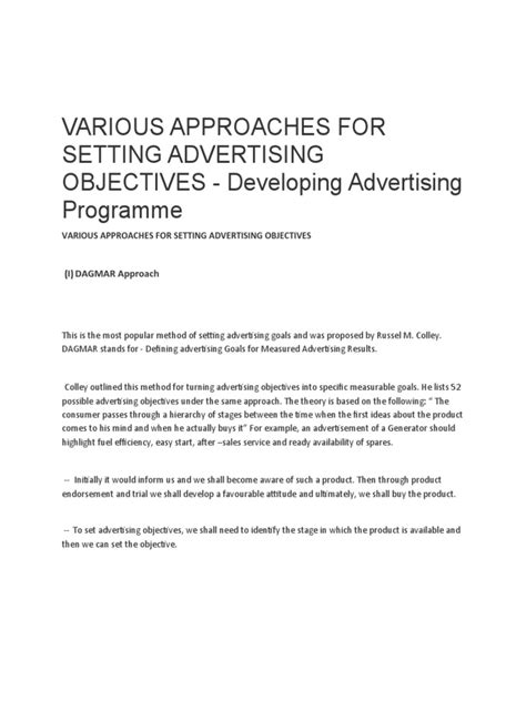 Various Approaches For Setting Advertising Objectives Download Free Pdf Advertising Brand