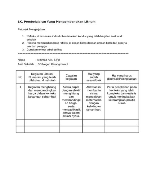 Lk Pembelajaran Yang Mengembangkan Litnum Akhmad Afik Pdf
