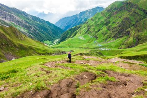 July 14th 2022 Himachal Pradesh India A Man With A Walking Stick Trekking Down To Parvati Bagh