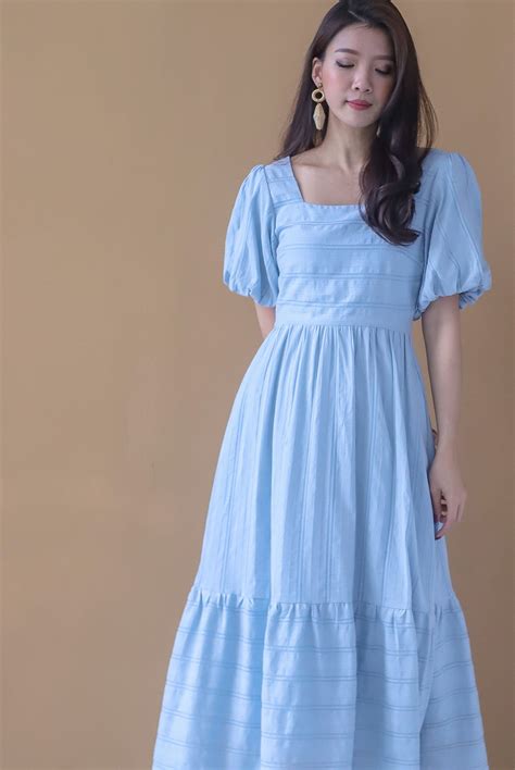 Restocked Morie Lattice Eyelet Puffy Sleeve Maxi Dress In Blue The