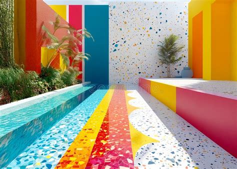 Vibrant Poolside Retreat Featuring Colorful Tiles And Lush Tropical