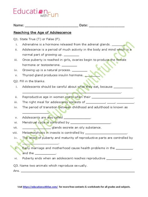 Reaching The Age Of Adolescence Worksheet 1 Pdf Puberty Adolescence