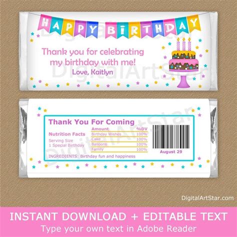 Happy Birthday Candy Bar Wrapper Template Girl Birthday Party Favors