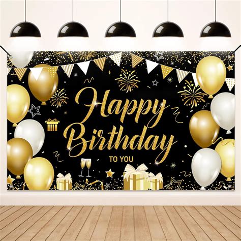 Happy Bithday Banner Decorations Black Gold Birthday Backdrop Banner