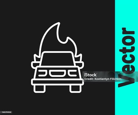 흰색 선 불타는 자동차 아이콘은 검은색 배경에 분리되어 있습니다 보험 개념입니다 불타는 차 화재와 연기로 뒤덮인 고장난 자동차 벡터 거리에 대한 스톡 벡터 아트 및 기타