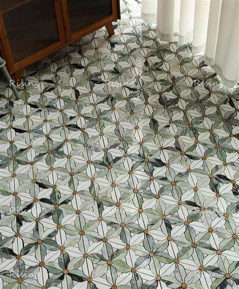 Mosaic Tiles Flooring Waterjet Green And White Flower Pattern Marble