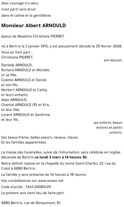 Avis De Décès De Albert Arnould Décédé Le 29 02 2008 à Bertrix Annonce Condoléances Fleurs