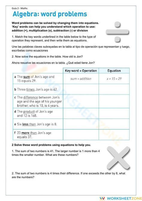 Algebra Word Problems Worksheet