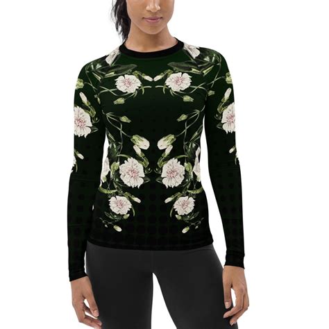 Japanese Bindweed Floral Print Rash Guard Womens Dark Green Bjj Top