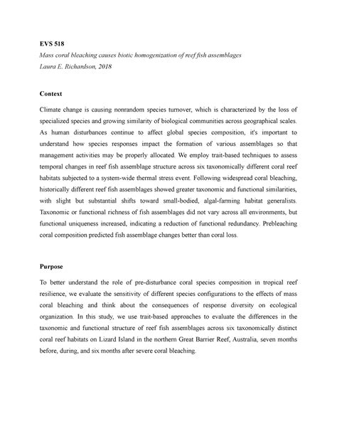 summary example of summarizing evs 518 mass coral bleaching causes
