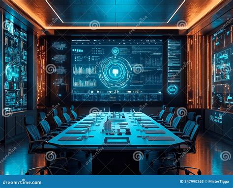 Digital Rendering of a High-tech Control Room, Featuring a Long Table, Curved Screen, and ...