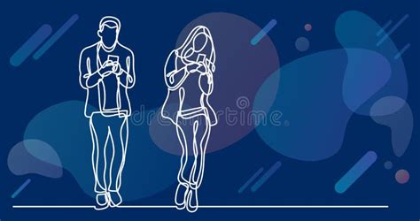 Continuous Line Drawing Of Man And Woman Using Their Mobile Phones Stock Vector Illustration