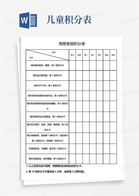 儿童在家表现表现积分表word模板下载编号qyxmrxpg熊猫办公