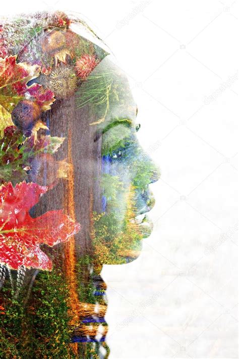 Double Exposure Portrait Of A Young Woman With Colorful Flowers — Stock