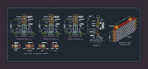Muro De Block Hueco Con Estructura Y Fundaciones En Dwg 000 Kb