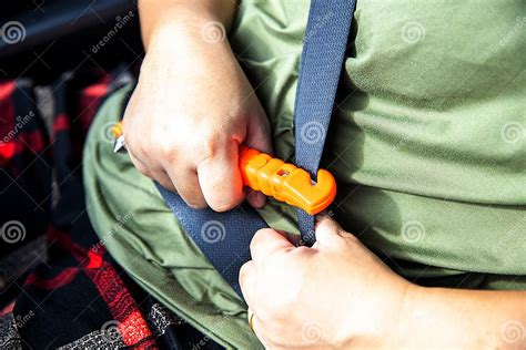 Woman Use Safety Hammer And Seatbelt Cutter In Cars Cut Belt When