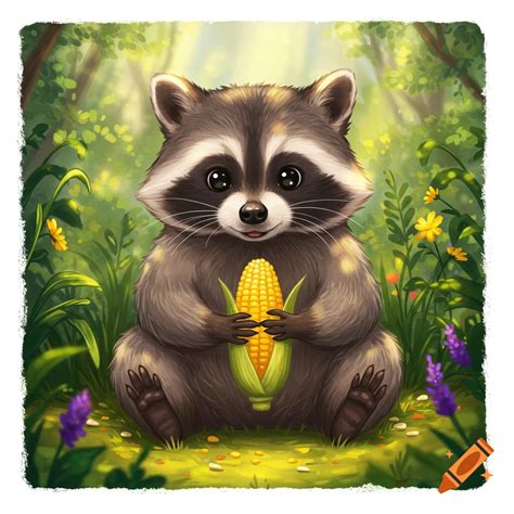 A Cute Cartoon Raccoon Sits In A Forest Holding A Bright Yellow Corn