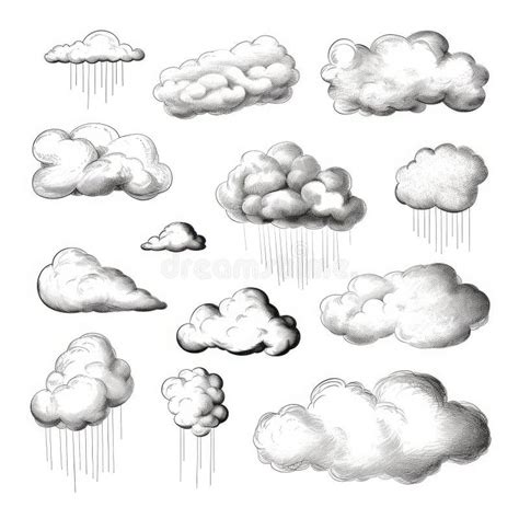 Hand Drawn Sketchy Cloud Collection Isolated On White Sketched Black