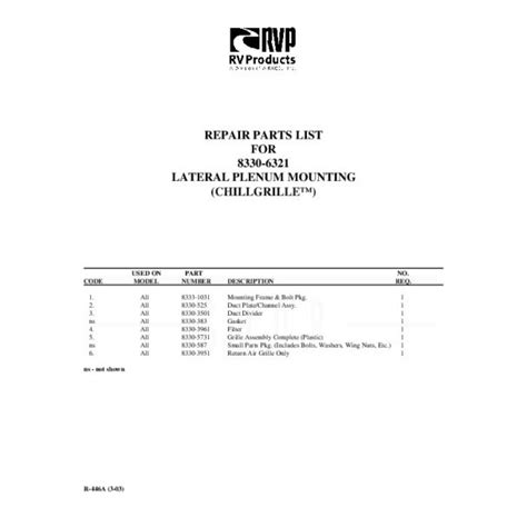 Rvps 8330 6321 Ceiling Assembly Repair Parts List