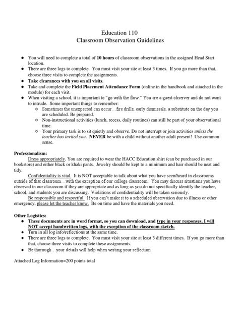 Education 110 Classroom Observation Guidelines Pdf Teachers Classroom