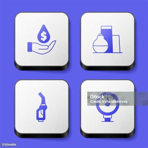 달러 기호 탱크 저장소 가솔린 펌프 노즐 및 모터 가스 게이지 아이콘으로 오일 방울을 설정합니다 흰색 사각형 버튼입니다 벡터 0명에 대한 스톡 벡터 아트 및 기타 이미지