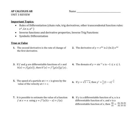 Solved Ap Calculus Ab Unit 3 Review Name Important Topics •